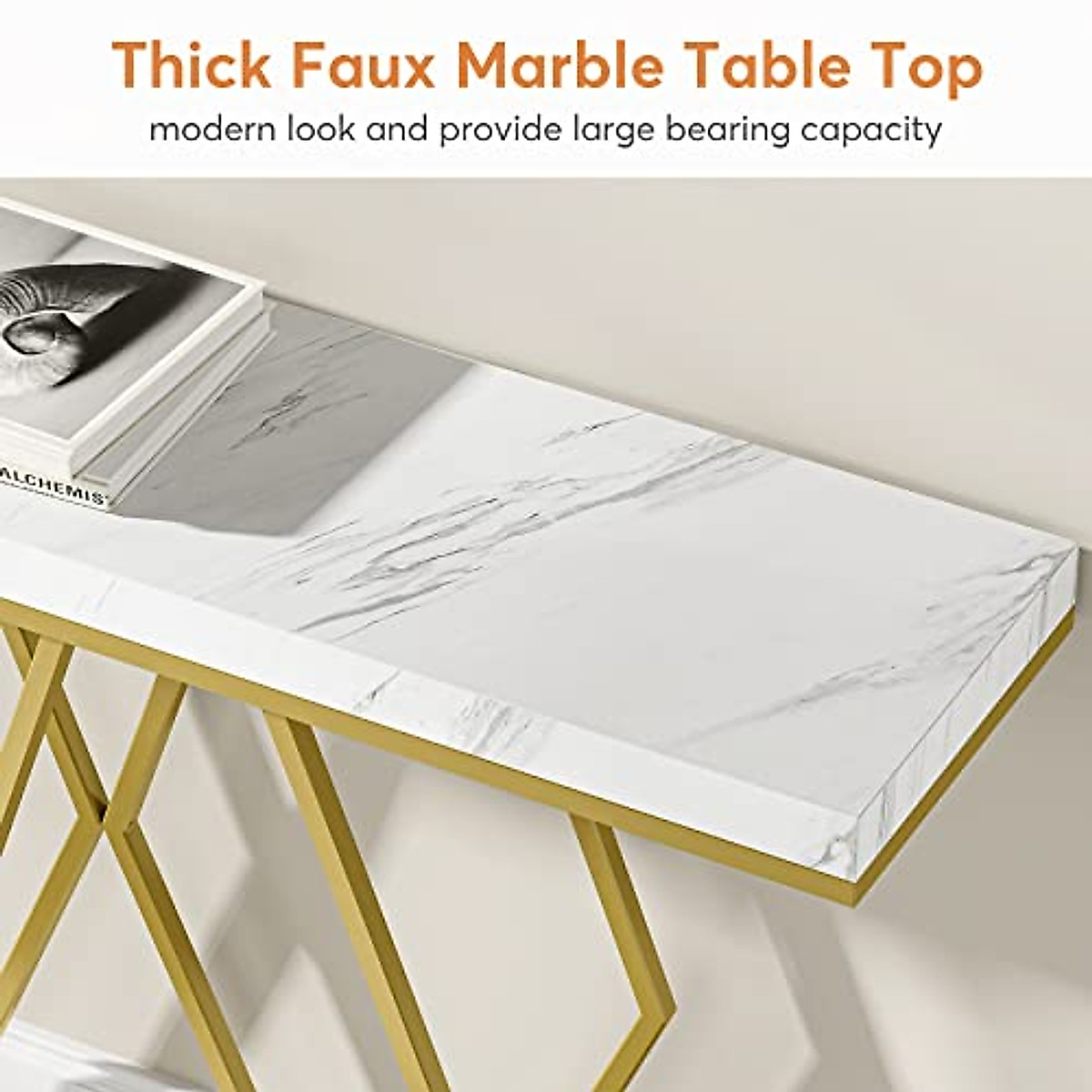Tribesigns Console Table for Entryway Living Room, 55 Inch Gold Entryway Table Modern Accent Table for Hallway Entrance Foyer (Gold White)