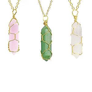 6 Pcs Hexagonal Crystal Pointed Quartz Natural Colorful Wire Wrapped Gemstone Stone Pendant Adjustable Necklace Friendship Couple Jewelry for Women-gold