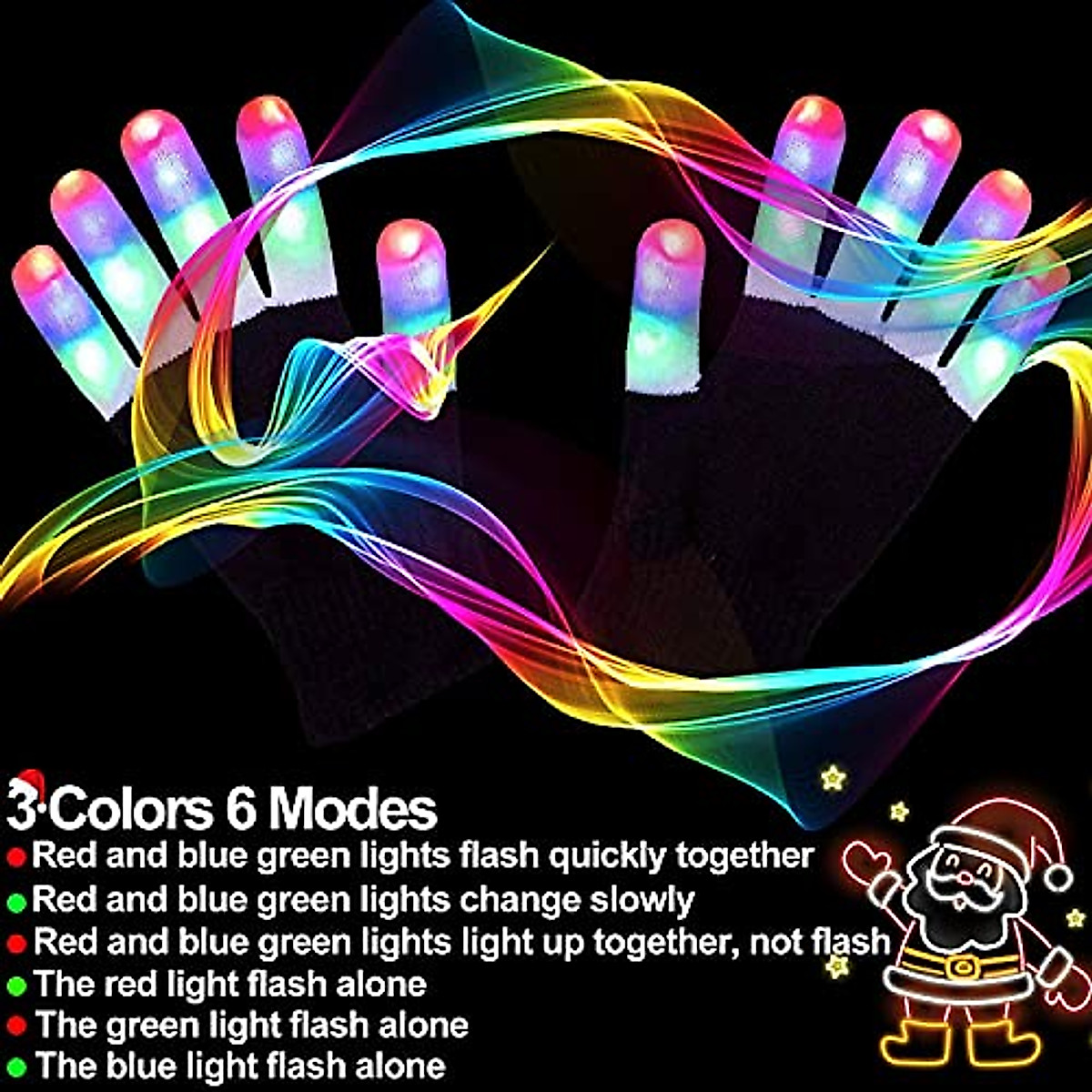3 Pairs LED Gloves 5 Colors 6 Modes Light Up Gloves Kids Teens New Years Eve Party Supplies Christmas Stocking Stuffers