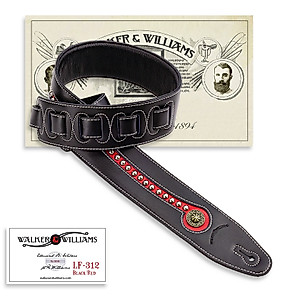 Walker & Williams Black & Red Western Style Padded Guitar Strap with Chrome and Brass Studs For Acoustic, Electric, And Bass Guitars