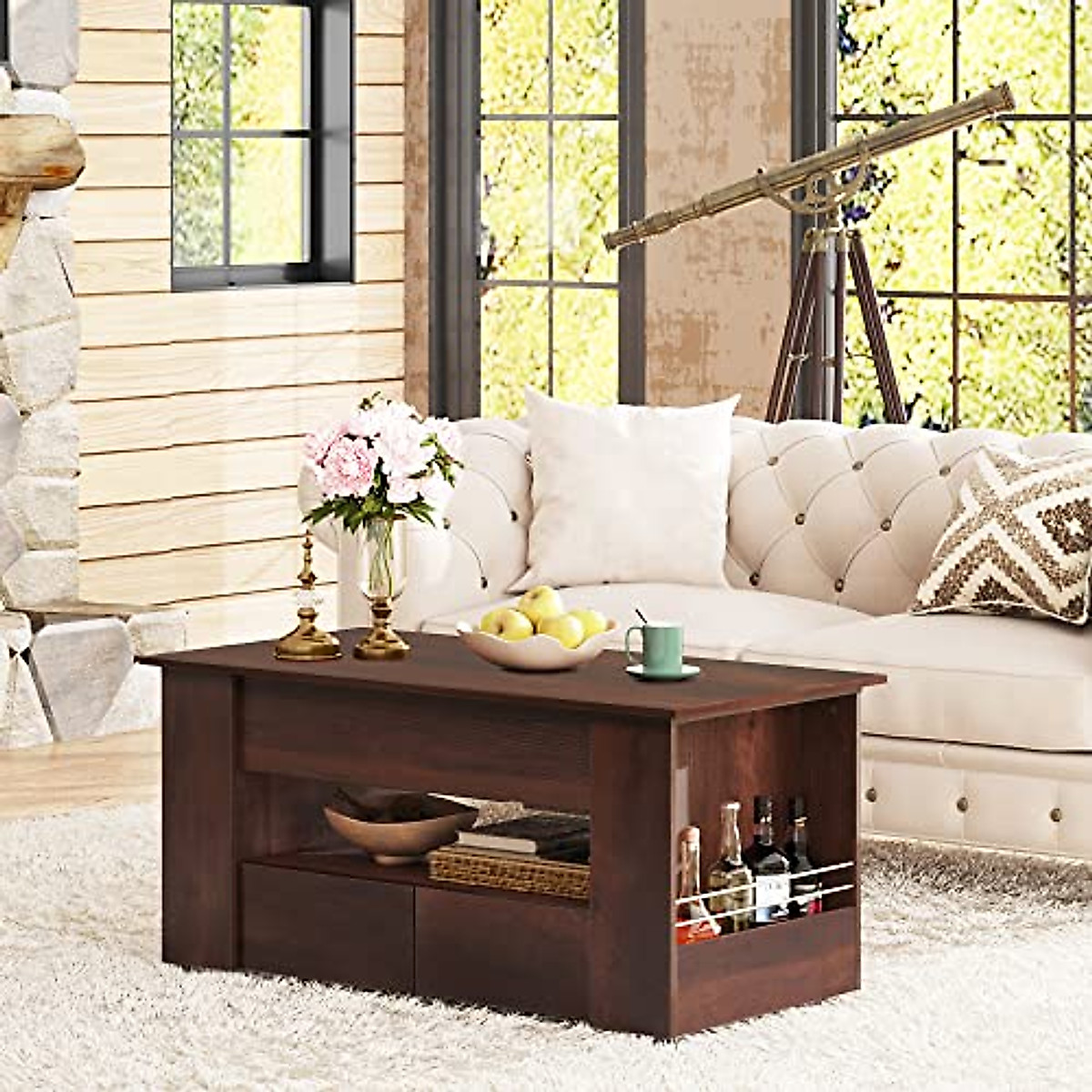 WLIVE Lift Top Coffee Table with Storage,Small Coffee Table with Drawers for Living Room,Hidden Compartment and Open Shelf,Central Table for Reception Room,Espresso
