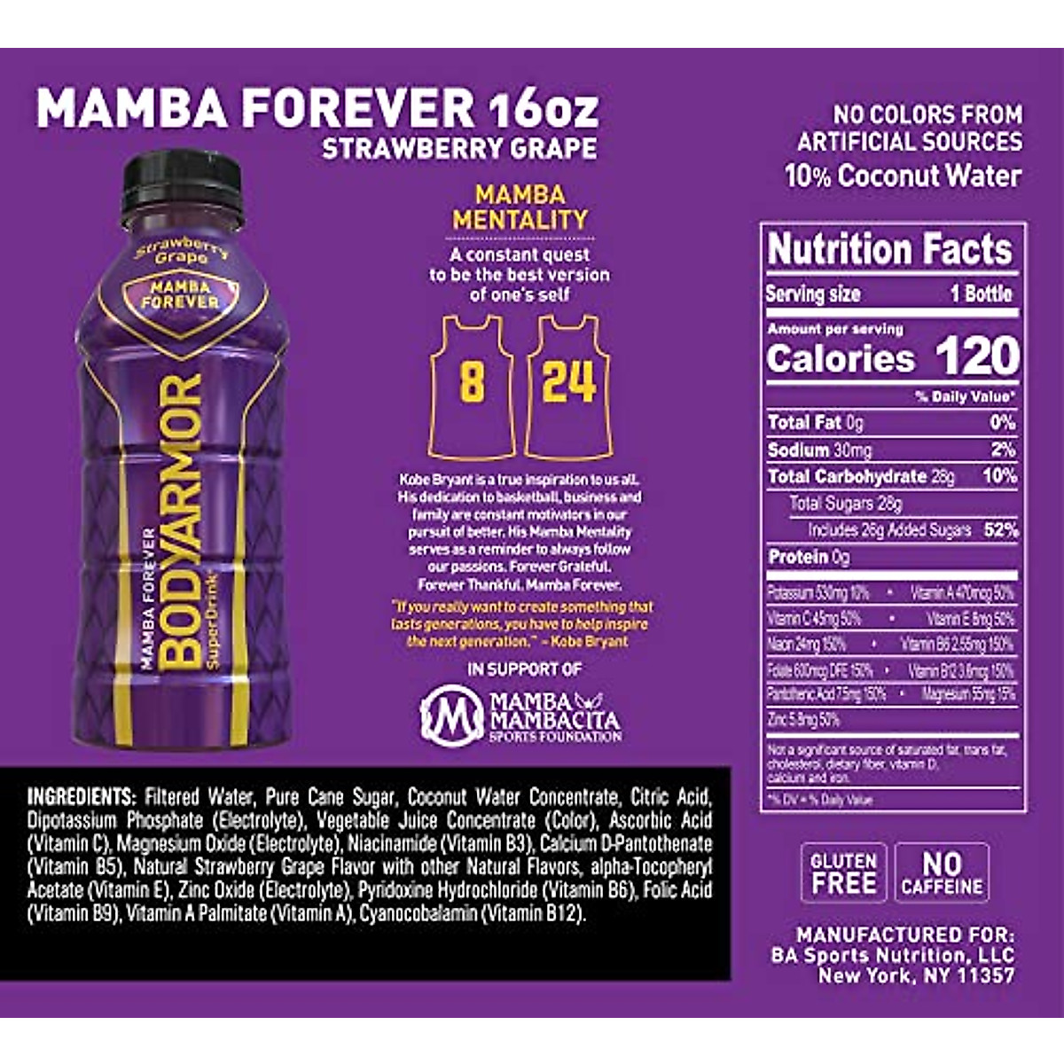 BODYARMOR Sports Drink Sports Beverage, Mamba Forever, Natural Flavors With Vitamins, Potassium-Packed Electrolytes, Perfect For Athletes, 16 Fl Oz (Pack of 12)