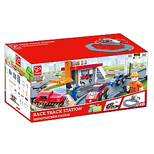 Hape Race Track Station Wooden Realistic Kids Race Track Toy with Two Race Cars, Carriages & Repair Station L: 25.2, W: 4.7, H: 23.6 inch