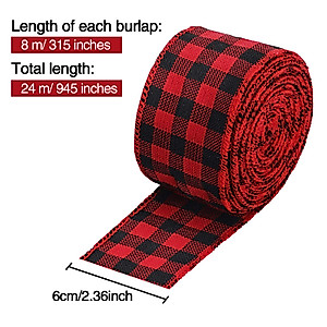 3 Rolls Buffalo Plaid Burlap Wired Ribbon Weave Ribbon with Wired Edge Bows Craft Decoration for Big Bow Wreath Tree Decoration Outdoor (Black and Red Plaid,2.4 Inches)