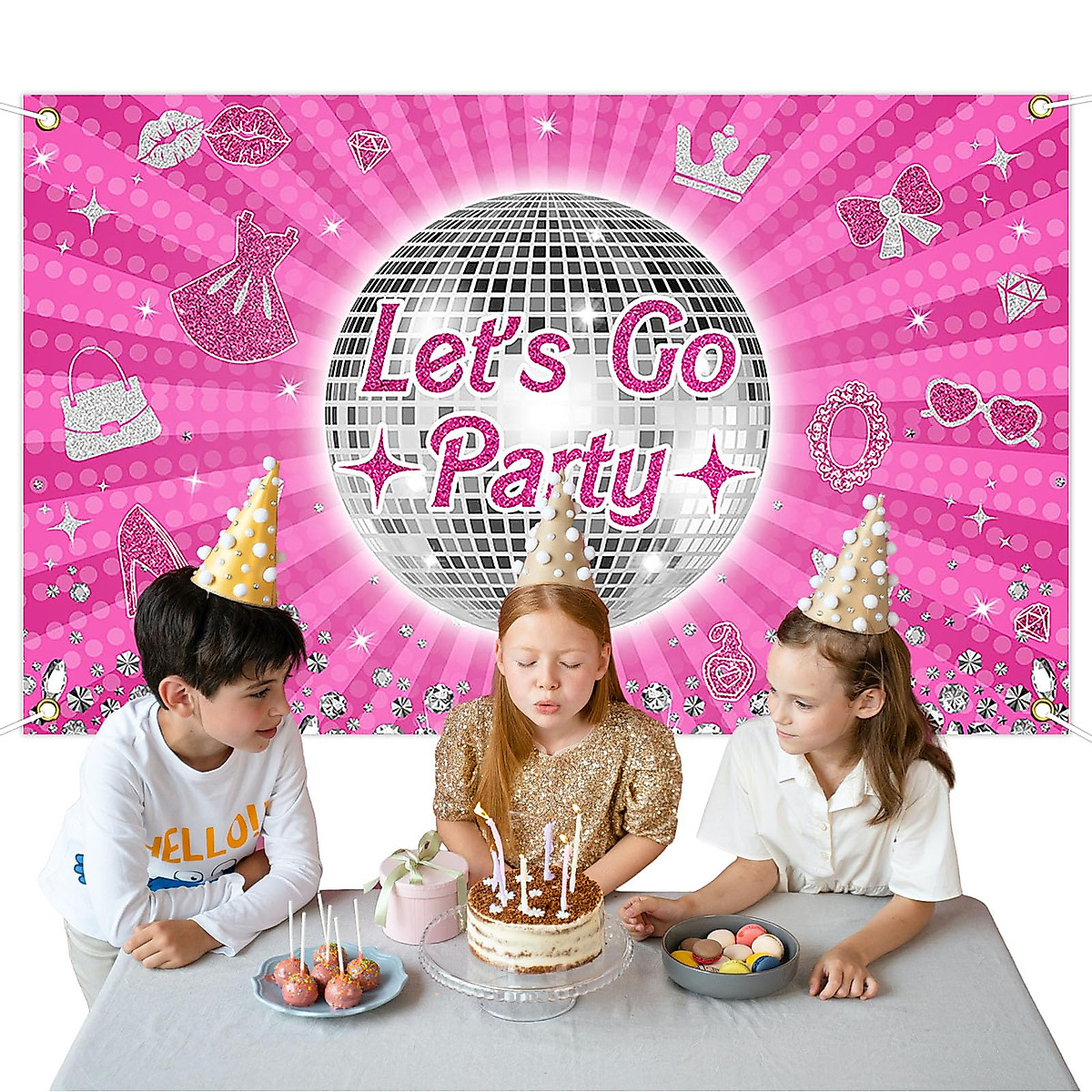 Avezano Let's Go Party Banner Princess Theme Birthday Backdrop Hot Pink Bridal Shower Bachelorette Background for Girls Women Disco Birthday Party Supplies Banner 70.8x43.3