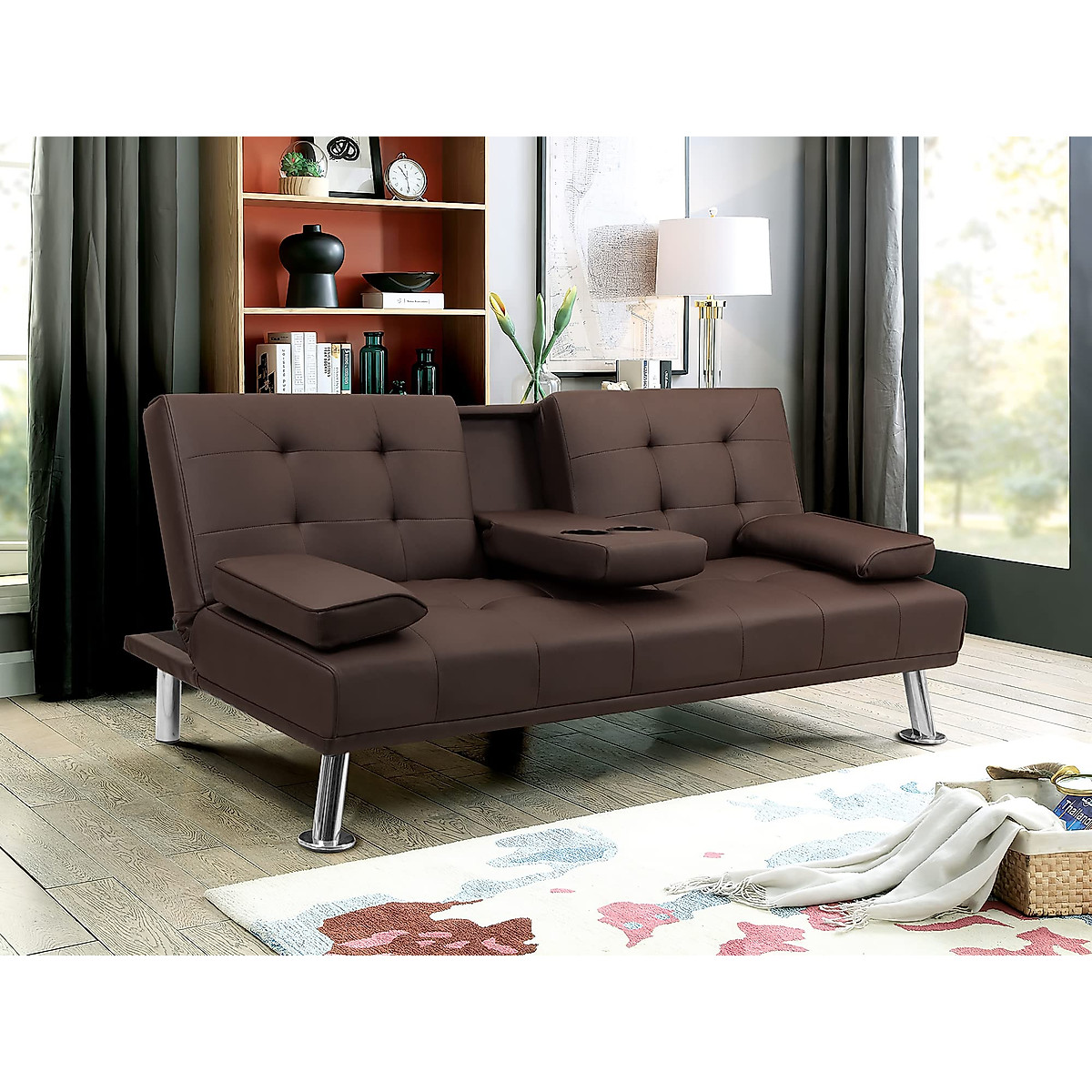 YESHOMY Futon Sofa Bed, Modern Faux Leather Convertible Folding Lounge Couch for Living Room with 2 Cup Holders Removable Soft Armrest and Sturdy Metal Legs, Black