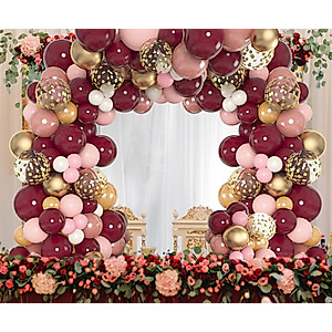 Ouddy Party Burgundy Pink Balloons Garland Arch Kit Rose Gold Champagne Gold Confetti Metallic Balloons for Women Birthday Mothers Day Bridal Shower Bachelorette Wedding Party Decorations with 4 Tools