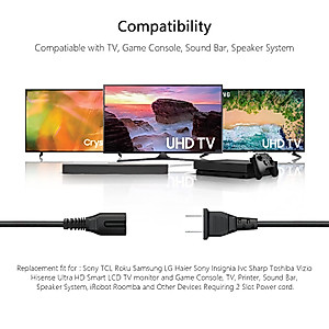 10 Feet 2 Prong AC Power Supply Cord Compatible with Sony TCL Roku Samsung LG Haier Sony Insignia Jvc Sharp Toshiba Vizio Hisense Ultra HD Smart LCD TV Monitor 2 Prong Power Supply Cable