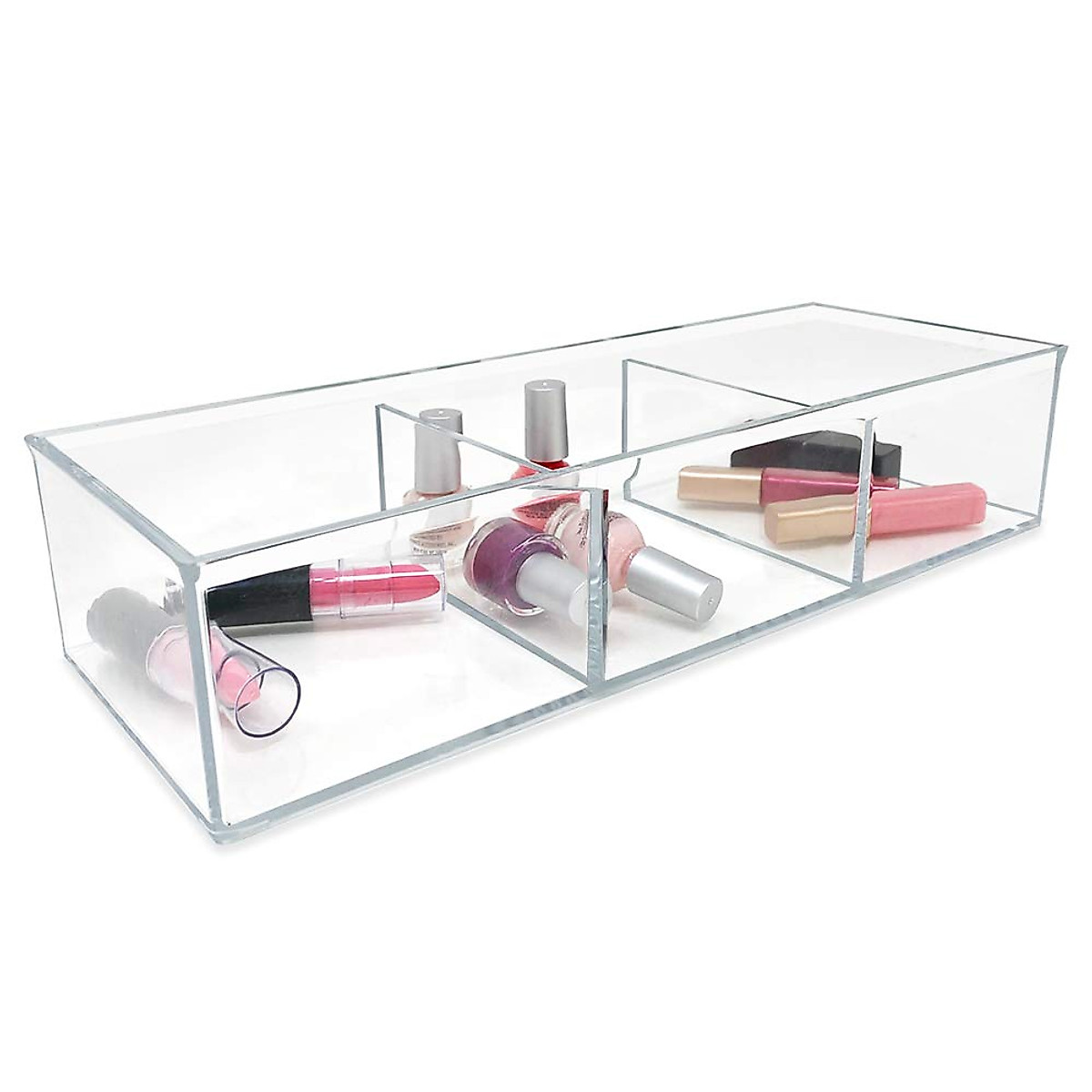 Isaac Jacobs Large 3-Compartment Acrylic Stackable Organizer (12.9" L x 5" W x 2.7" H), Multi-Sectional Tray & Storage Solution for Makeup, Craft Supplies, Bathroom, Kitchen, Office (Clear)