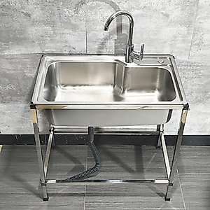 KARFER Utility Sink, Freestanding Single Bowl Sink, Commercial Restaurant Stainless Steel Sinks for Outdoor Indoor, Garage, Laundry/Utility Room (Color : Single Cold Faucet, Size : 58 * 43cm)