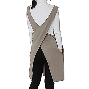 AOBBYBBS Cotton Linen Apron Halter CrossBack Bandage Aprons Japanese Style X Shape Pocket (Khaki)