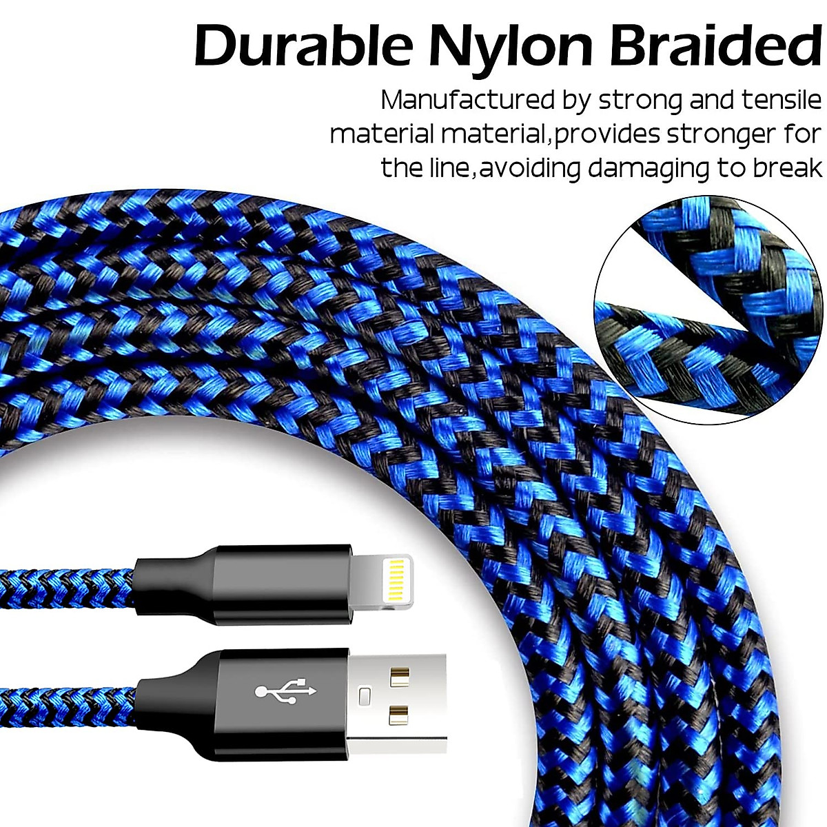 cugunu iPhone Charger, 5 Pack 3/3/6/6/10FT Apple MFi Certified USB Lightning Cable Nylon Braided Fast Charging Cord Compatible for iPhone 14/13/12/11/X/Max/8/7/6/5/SE/Plus/iPad - Black Blue