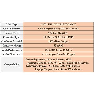 DAYEDZ Ethernet Cable 100 ft 2 Pack Cat 6 Flat Cable Ethernet Cord, Slim Long Cat6 High Speed Computer Router Network LAN Patch Wire with Clips & Rj45,Faster Than Cat5e/Cat5,100 feet White+Black