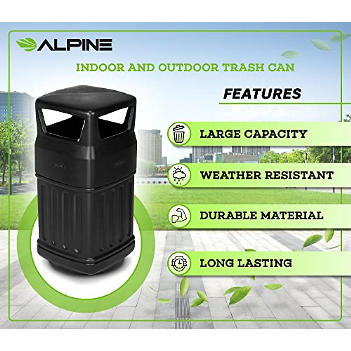 Alpine Industries Outdoor/Indoor Trash Can - Heavy Duty Garbage Can with Lid - Trash Bin for Home, Kitchen, and Bathroom - (16-Gallon Capacity, Black)