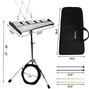 TOLEAD 32 Notes Glockenspiel Kit Xylophone Bell Percussion Instruments with Adjustable Height Stand, Practice Pad Mallets & Wooden Drumsticks, Portable Carrying Bag