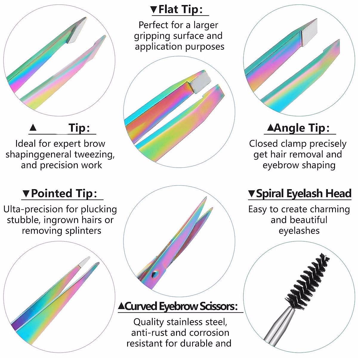 6 Pieces Eyebrow Tweezers Set with Curved Scissors, Eyelash Brush Stainless Steel Brow Remover Tools for Women and Girls, Hair Plucking Daily Beauty Tool with Storage Case (Rainbow Color)