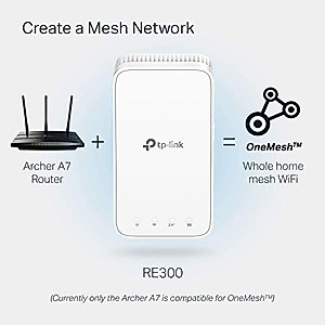 TP-Link | AC1200 WiFi Range Extender | Up to 1200Mbps | WiFi Extender, Repeater, WiFi Signal Booster | One Mesh | Easy Set-Up | Compact Designed Internet Booster (RE300) (Renewed)