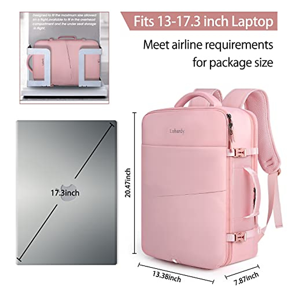 Travel Backpack for Men Women 17 Inch Flight Approved Carry on Backpack Waterproof Large 40L Luggage Daypack Business College Weekender Overnight Laptop Backpack with 3 Packing Cubes, Pink
