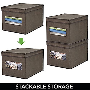 mDesign Large Fabric Stackable Closet Organizer Box with Clear Window/Lid for Bedroom, Office, Bathroom, Mudroom Organization - Shoe, Sweater, Clothes Storage, Lido Collection - Espresso Brown