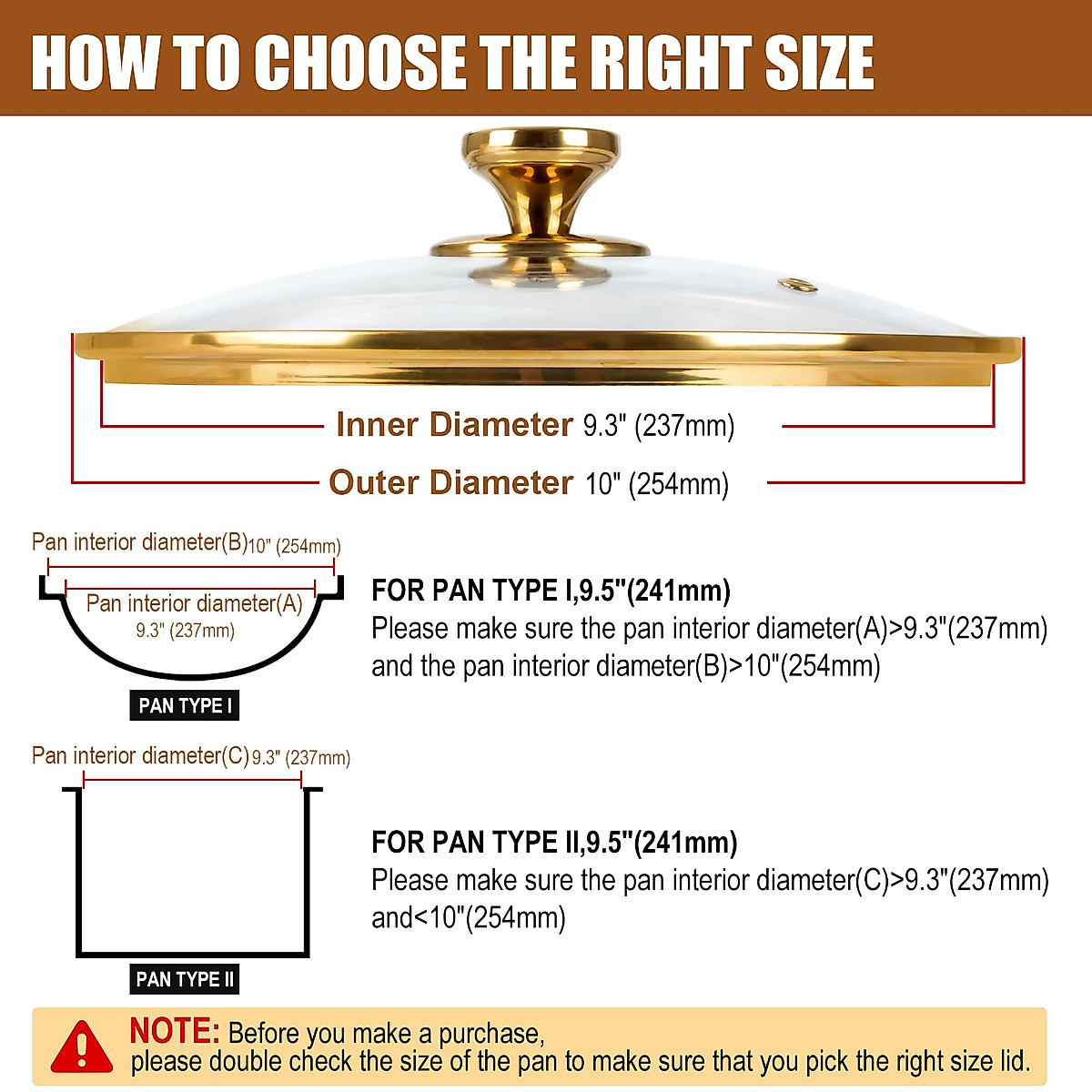 Tempered Glass Lid 10 Inch, Universal Glass Pan Lid with Metal Handle, Glass Covers for Pots,Pans and Skillets, Dishwasher Safe, Gold