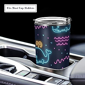 HXshaoye Summer neon Whale wave black Stainless Steel coffee cups with lids with Straw Lid travel mug with lid for Water, Iced Tea or Coffee Aesthetic 20oz coffee mug vaso para agua 20oz