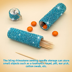 CHIMUYU Sewing Needle Case Storage Portable Bling Rhinestone Sewing Needle Holder Embroidery Needle Case Container Pocket Box with Keychain for Store Needle, Toothpick, Pill, Bead (Silver)