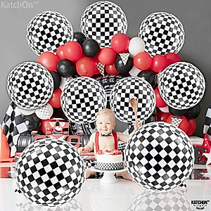 KatchOn, Black and White Checkered Balloons - 22 Inch, Pack of 12 | 4D Race Car Balloons for Emo Party Decorations | Checkered Flag Balloons, Checker Balloons for One Happy Dude Birthday Decorations