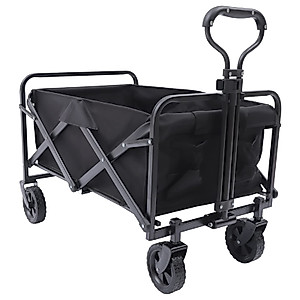 Collapsible Folding Wagon Cart - Heavy Duty Utility with 5 Inch All Terrain Wheels, Adjustable Handle, and 2 Cup Holders - Ideal for Beach, Garden, Shopping, and Camping - Black