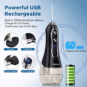 TEBIKIN Cordless Water Flosser Portable Dental Professional Oral Irrigator with Gravity Ball Powerful Travel Water Teeth Cleaner with 5 Levels 5 Tips IPX7 Waterproof 300ML for Home Travel