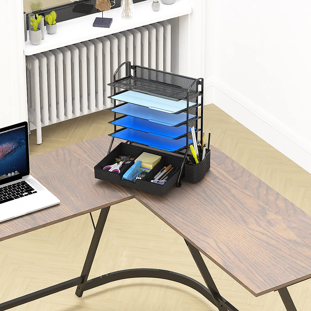 SimpleHouseware 6 Trays Desk Document File Tray Organizer with Supplies Sliding Drawer, Black