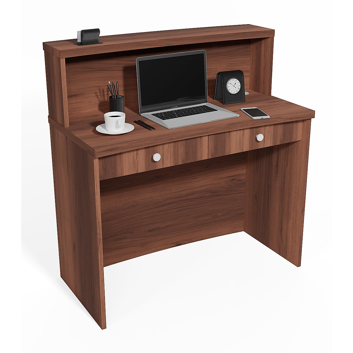 UGOS Mono Walnut Modern Reception Desk w/Transaction Counter | Laminate Desktop | Multifunctional Standing Front Desk for Home, Office, Salon, Spas, and Lobby (40 inch (100 cm))