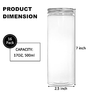 Tebery 16 Pack Plastic Spice Jars Bottles Containers with Lids 17oz Clear Straight Cylinders Plastic Canisters for Food & Home Storage