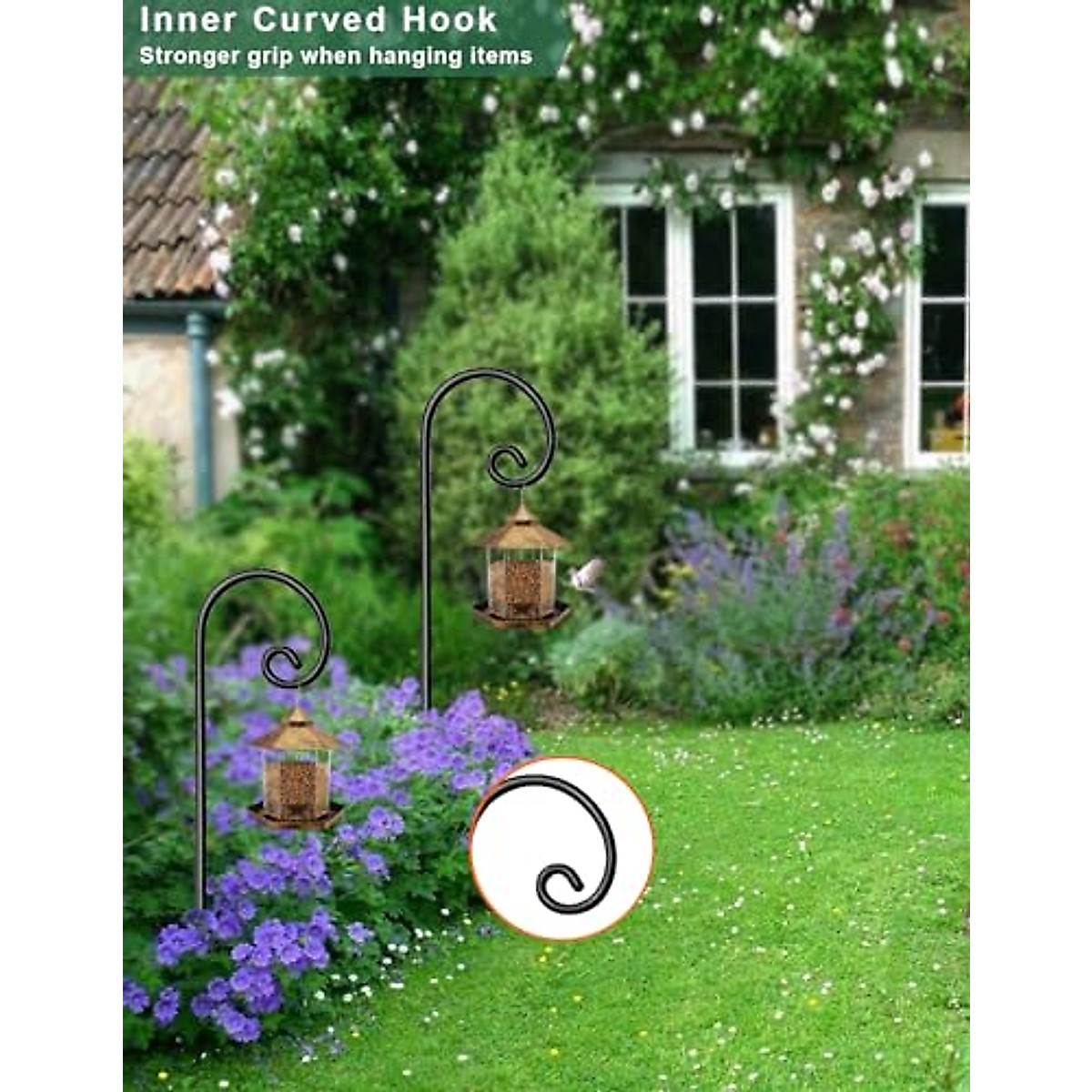 Koutemie 60 Inch Outdoor Shepherd Hook for Hanging Plant, Adjustable Heavy Duty Bird Feeder Pole with 5 Prong Base for Solar Lanterns, Black & 2 Packs