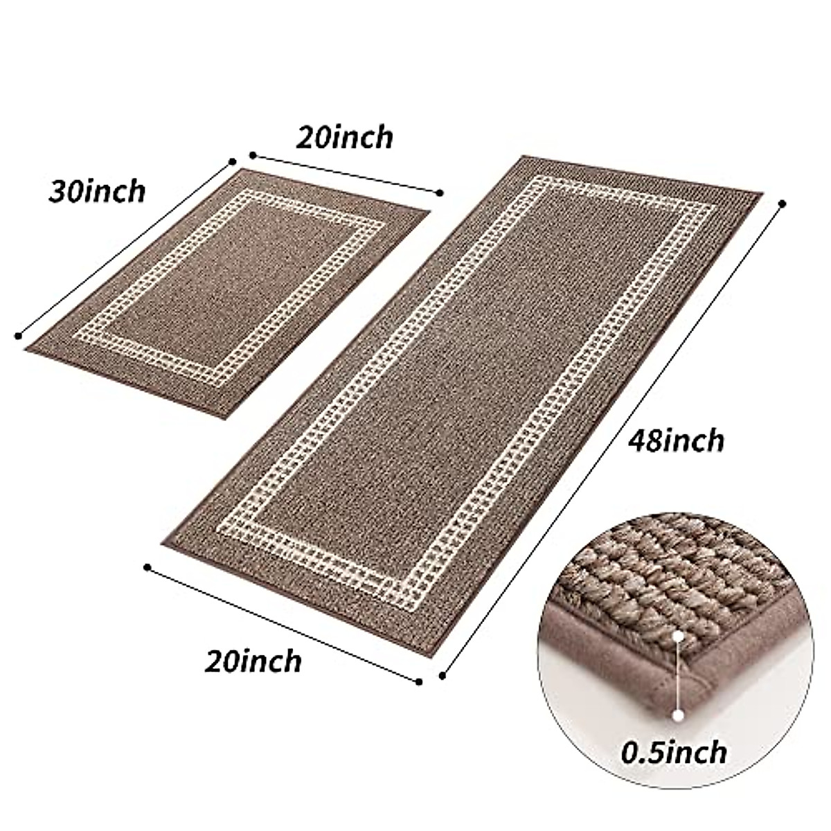 COSY HOMEER Kitchen Floor Mats[2 PCS] for in Front of Sink Super Absorbent Kitchen Rugs and Mats 48x20 Inch/30X20 Inch Non-Skid Kitchen Mat Standing Mat Washable,Polypropylene,Brown
