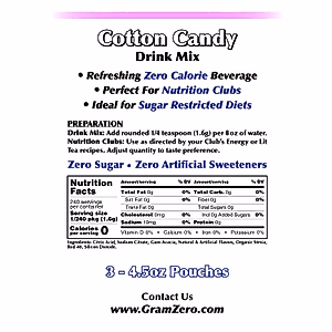 GramZero Cotton Candy Zero Calorie Sugar Free Drink Mix, Great For Nutrition Club Loaded Tea, Stevia Sweetened