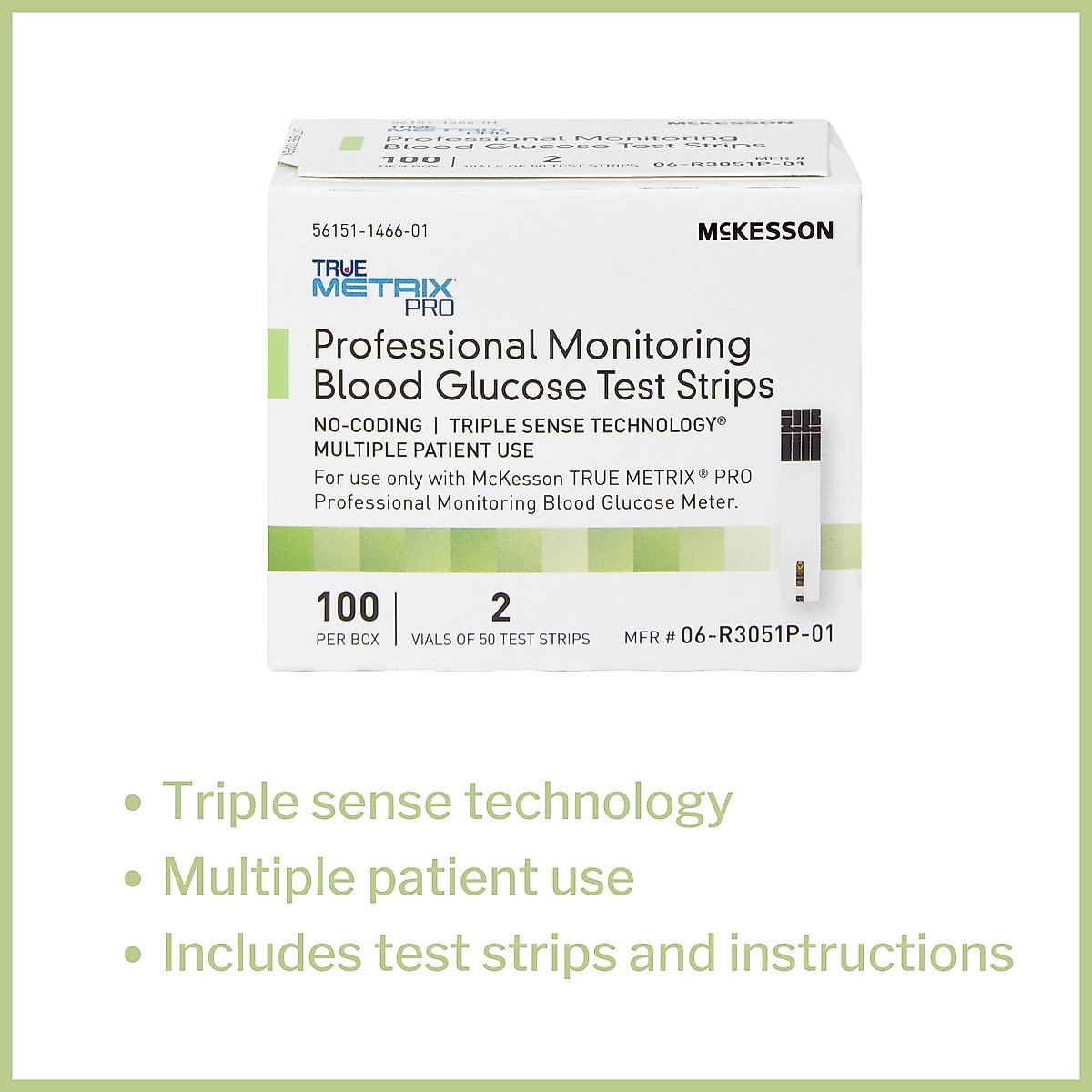 McKesson TRUE METRIX PRO Professional Monitoring Blood Glucose Test Strips - No Coding, Triple Sense Technology, Multiple Patient Use - Vials of Strips, 100 Strips, 2 Packs, 200 Total