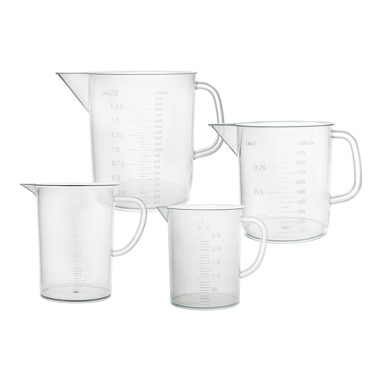 EISCO 4pcs Plastic Pitcher Set, 250mL, 500mL, 1000mL, 2000mL - Short Form, Euro Design - Molded Graduations - Chemical Resistant & Autoclavable Polypropylene - Measuring Jug