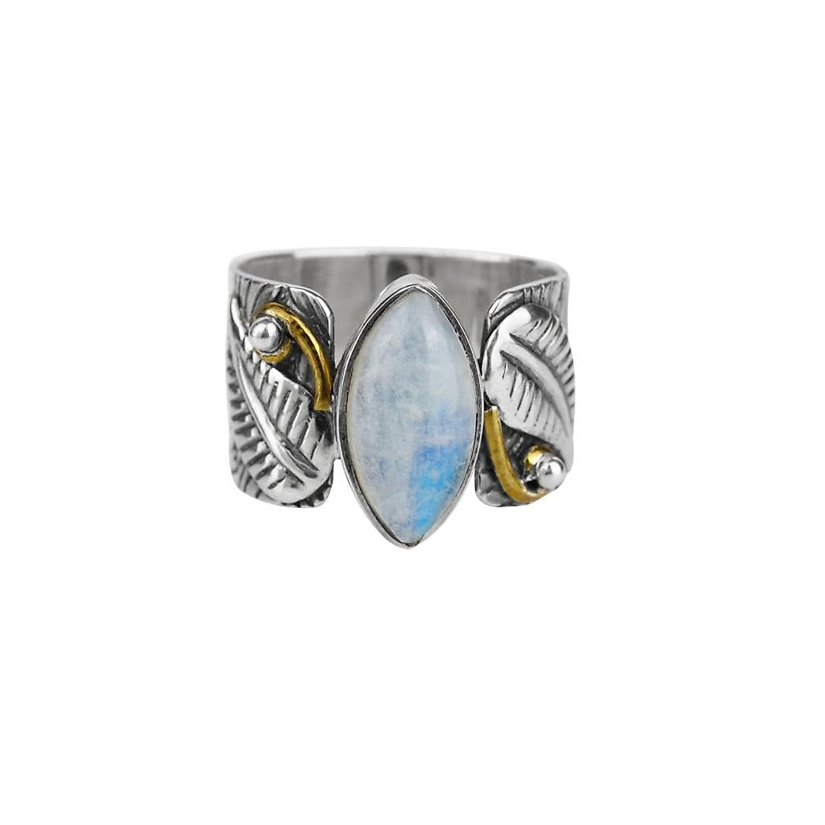YoTreasure Rainbow Moonstone Solid 925 Sterling Silver Brass Wide Band Boho Ring