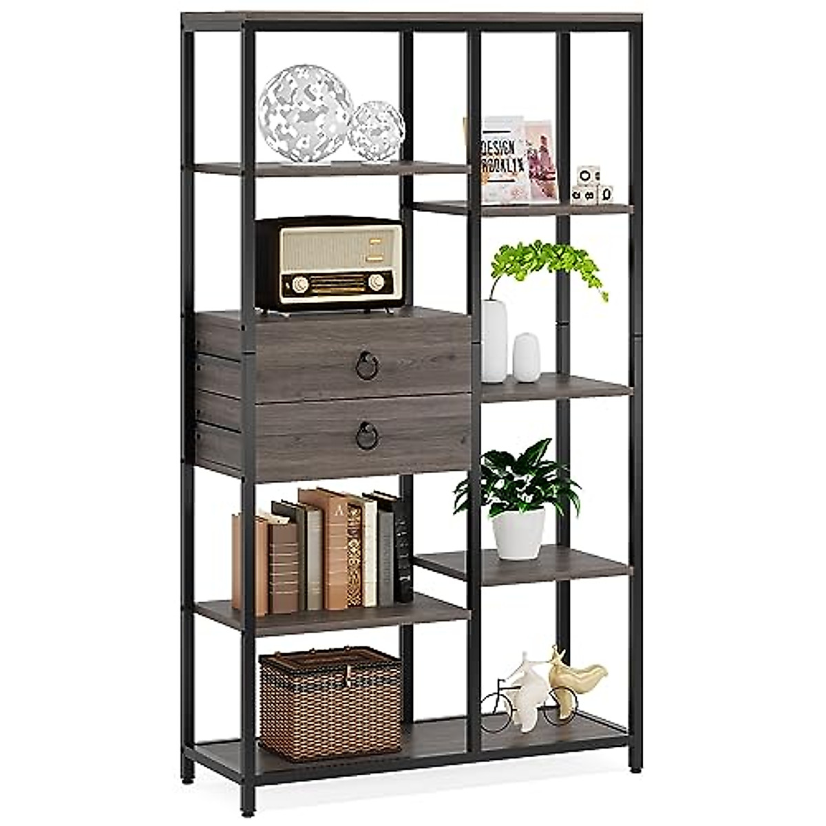 LITTLE TREE Reversible Bookshelf with 2 Drawers, 5 Tier Tall Bookcases Wood Open Bookshelves Display Book Shelf Decorative Storage Shelves for Living Room Bedroom, Black Rustic Gray