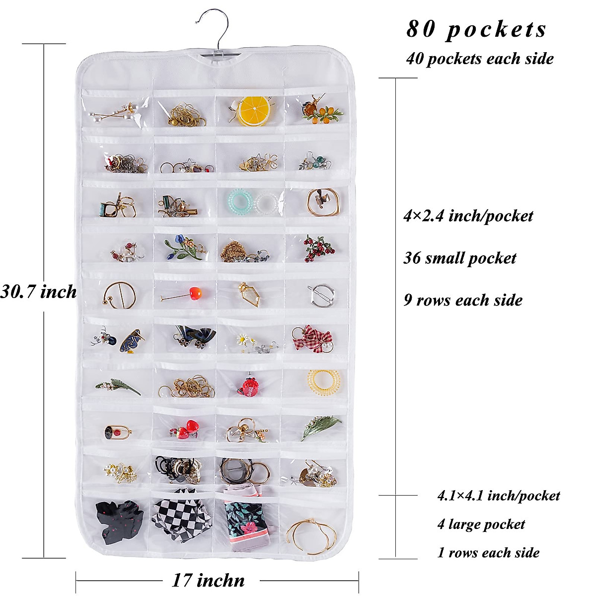 Bloss Hanging Jewelry Organizer, Double Sided 80 Pocket Jewelry Chain Storage Bag 2 Layer of Fabric Jewelry Organizer Holder for Necklace Bracelet Earring Ring Chain Knitting Tool-Black (White)