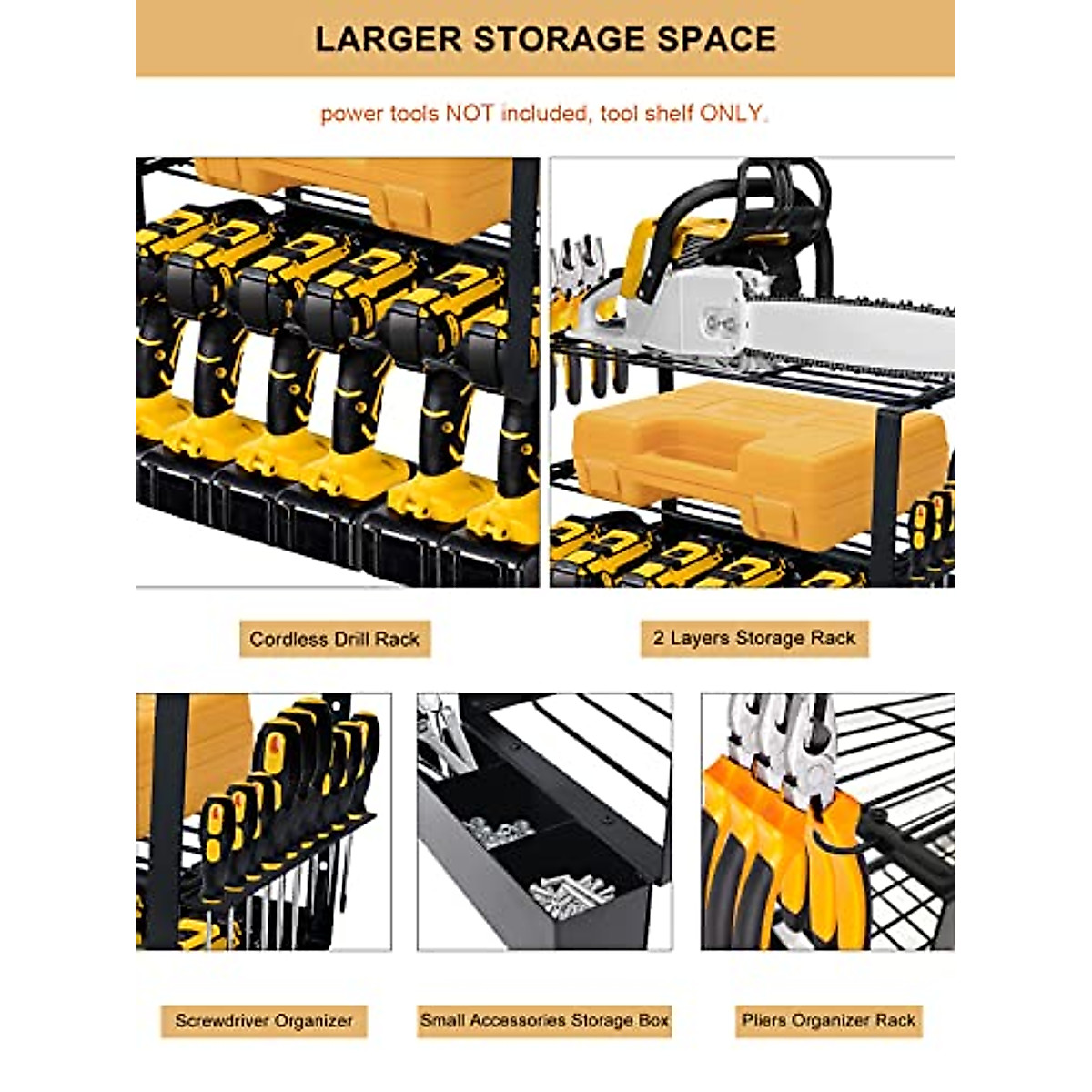 Power Tool Organizer, 3 Layers Power Tool Holder Drill Holder Wall Mount, 130lbs Weight Limit Cordless Drill Storage, Heavy Duty Metal Floating Tool Shelf Power Tool Storage with 6 Drill Rack