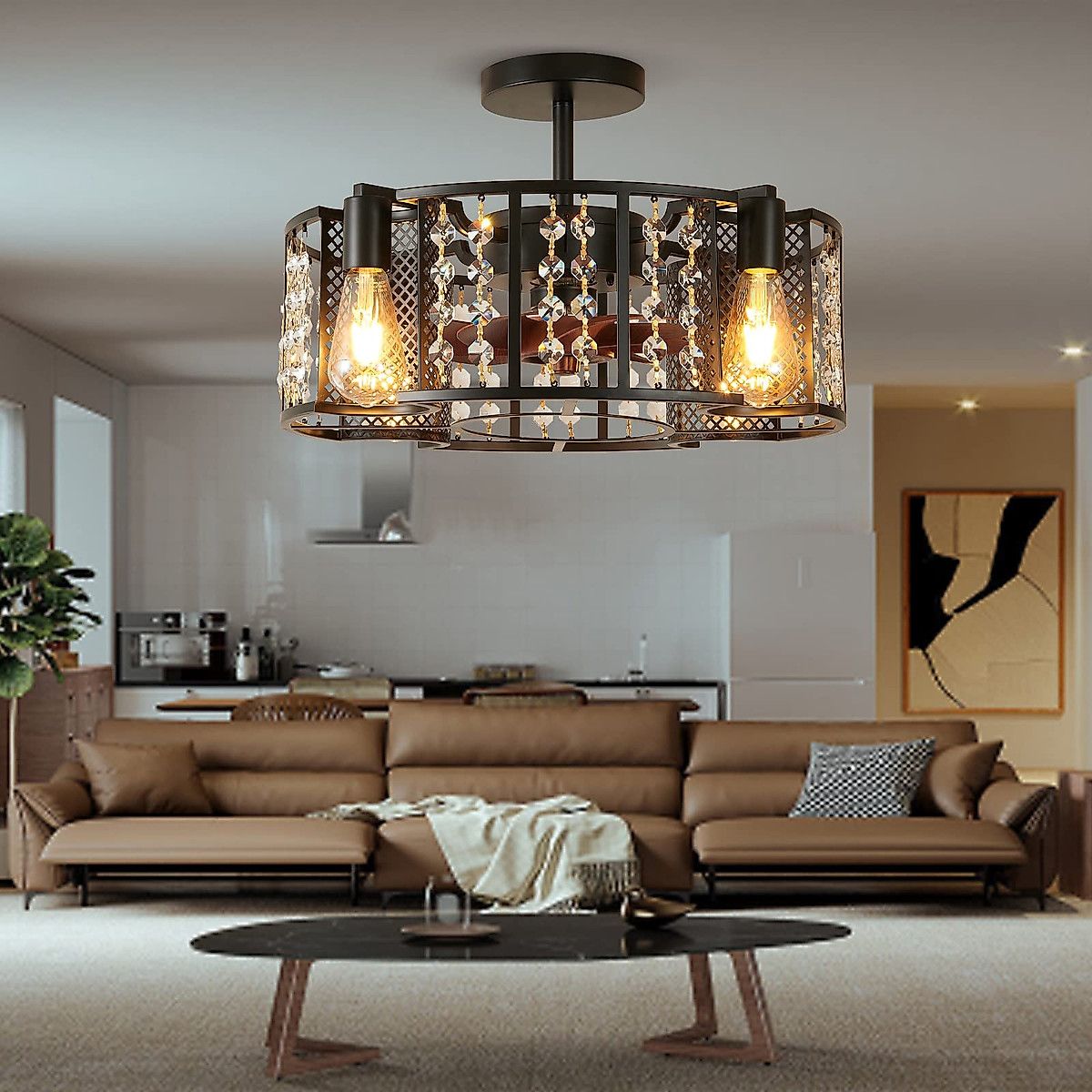 XuanDe Ceiling Fans with Lights and Remote, Vintage Caged Ceiling Fans Industrial Farmhouse Rustic Ceiling Fan Bladeless Enclosed Flush Mount for Hall, Living Room, Bedroom（Bulb x 6 Included）