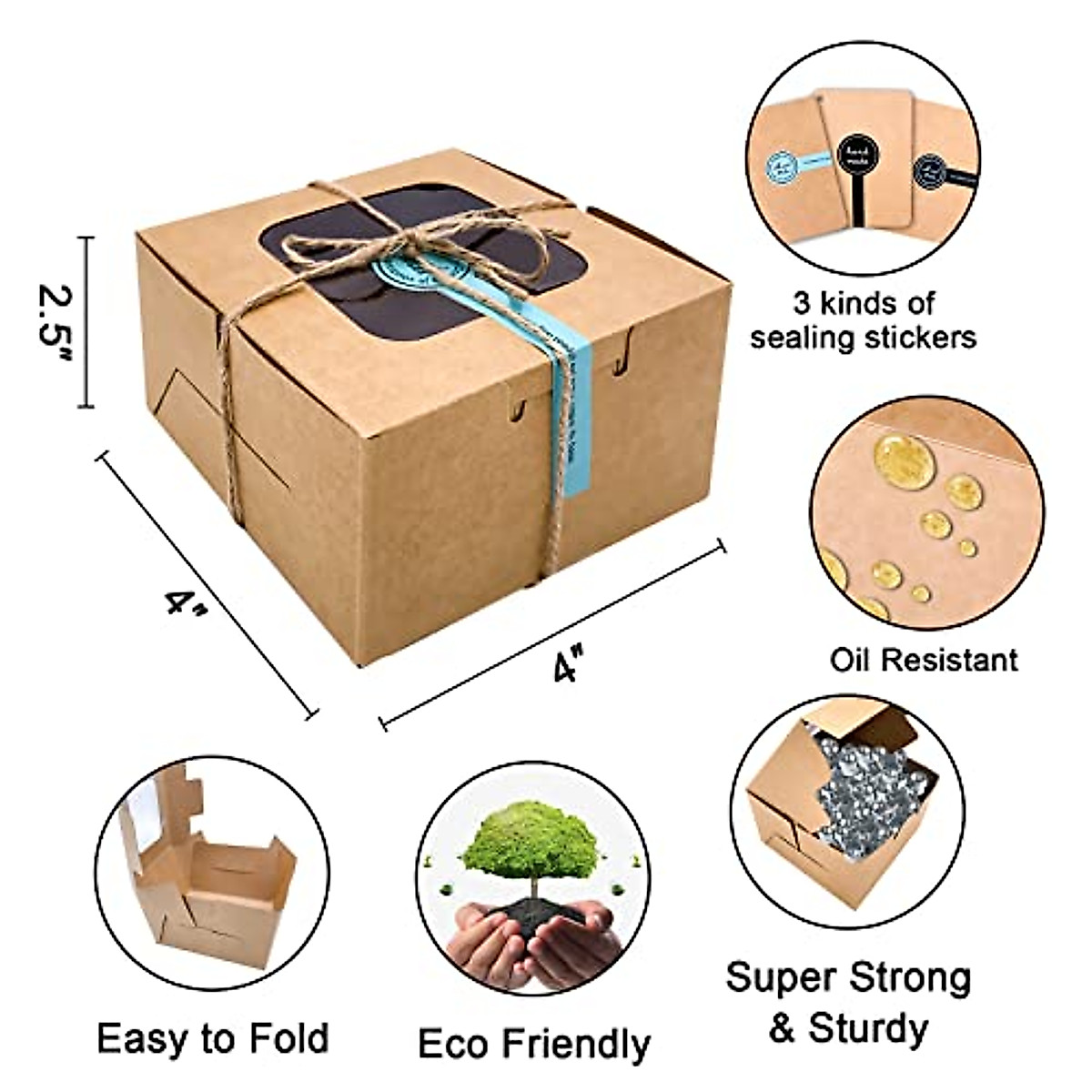 DONGYAN Bakery Boxes 4x4x2.5 Inch, 20 Packs Cookie Boxes with Window, Cup Cake Box for Pastry, Dessert, Donut, Chocolate, Strawberry, Including DIY Cards and Decorative Bouquets