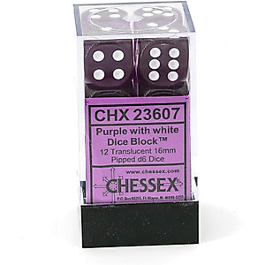 Chessex Dice Translucent Purple 6 Sided 16mm Dice Block (12-Dice), Purple/White (23607)