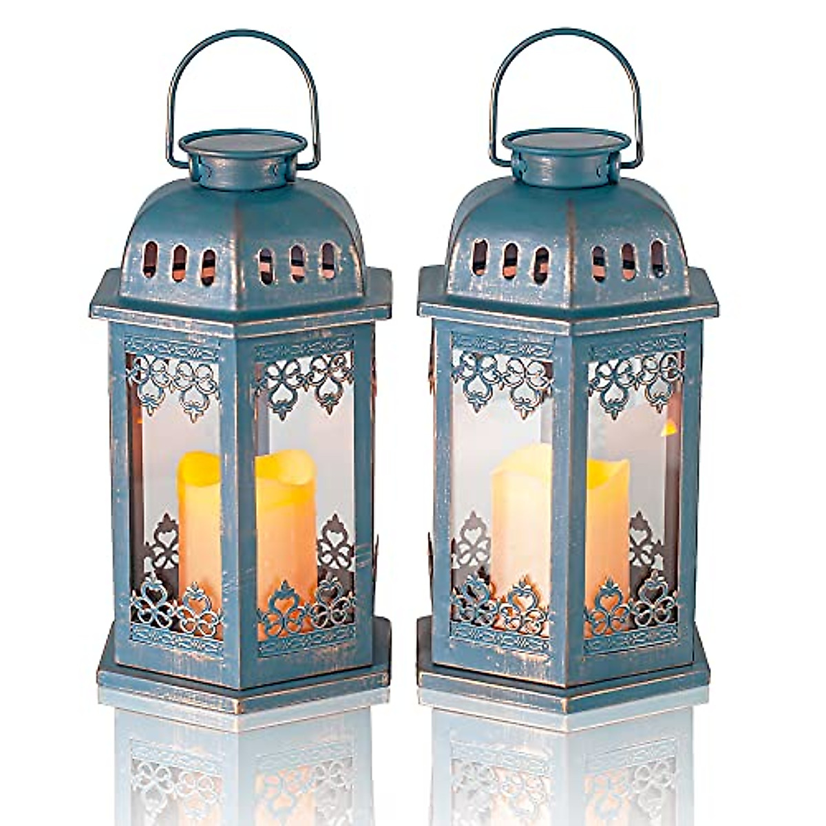 SteadyDoggie Solar Lanterns 2 Pack Blue - Hanging Solar Lights with Flickering Candle LED - Retro Ornate Hanging Solar Lantern with Handle