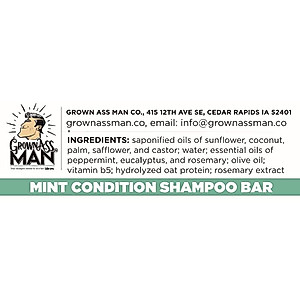 Grown Ass Man Co. - Solid Shampoo Bar Rich Lather 3 in 1: Hair, Beard & Body Wash - Plastic Free & Eco-Friendly, Natural & Organic Clean for All Hair Types, 4oz Bar (Mint Condition, Single)