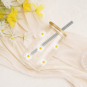 GSPY Daisy Aesthetic Cups, Iced Coffee Cup, Cute Glass Cup with Lid & Straw - Iced Coffee Glass, Flower Mug, Floral Glass Cup, Glass Coffee Tumbler - Birthday, Daisy Gifts for Women, Coffee Lover
