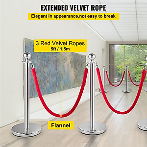 BestEquip 38 Inch Stanchion Posts Queue, Red Velvet Rope (3, Silver)