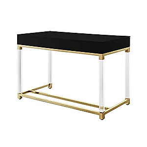 Casandra High Gloss 2 Drawers Writing Desk with Acrylic Legs and Gold Stainless Steel Base, Black/Gold