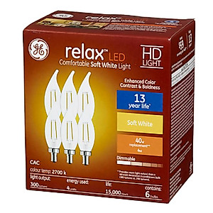 GE (6 Bulbs) Relax LED HD Decorative Chandelier Light Bulb, Clear, Bent tip, 40 watt Replacement, Candelabra Base, dimmable 4 watt, 300 Lumen LED Light Bulb